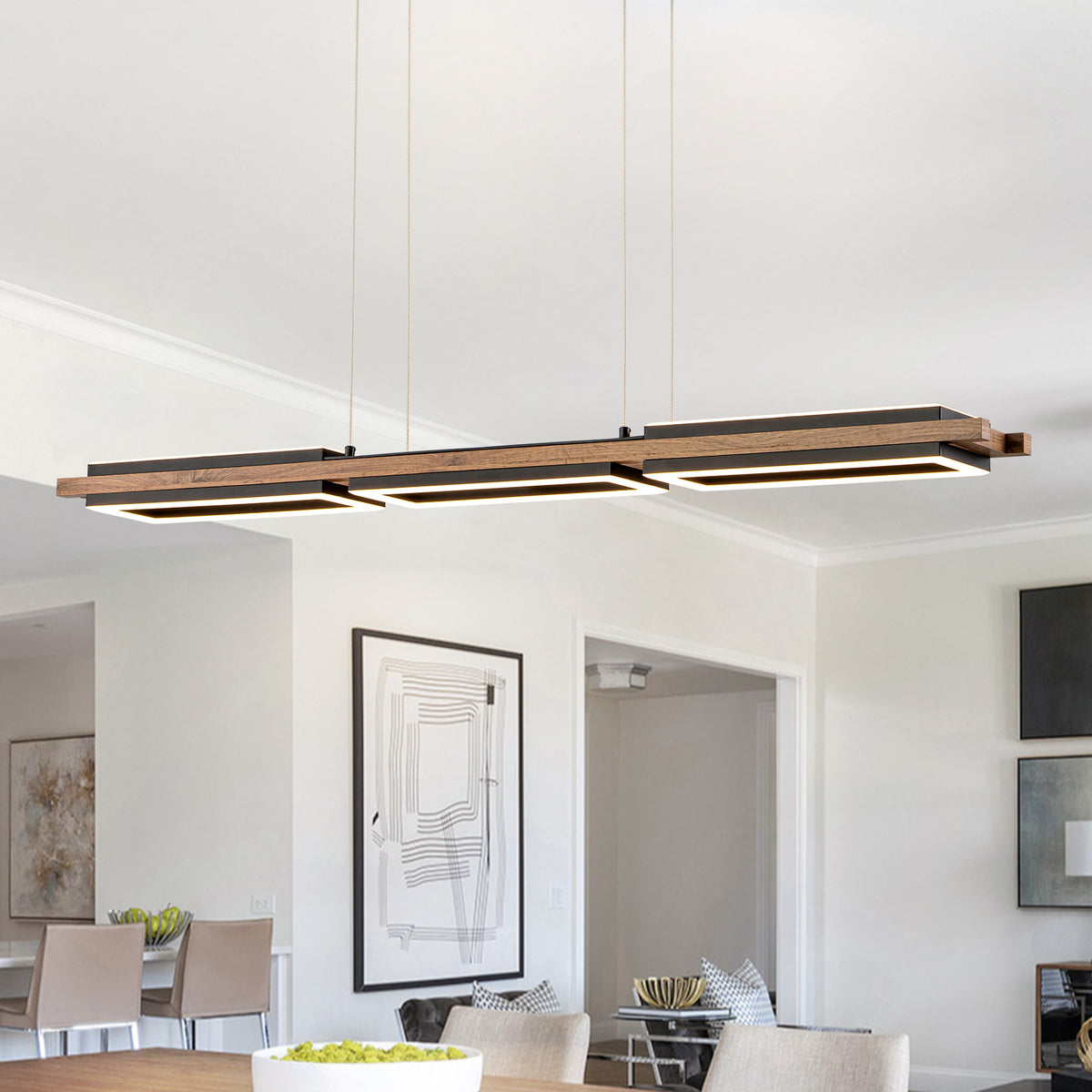Glowlings 5-Light Modern 47"Wide Rectangle LED Linear Wood Pendant Lig