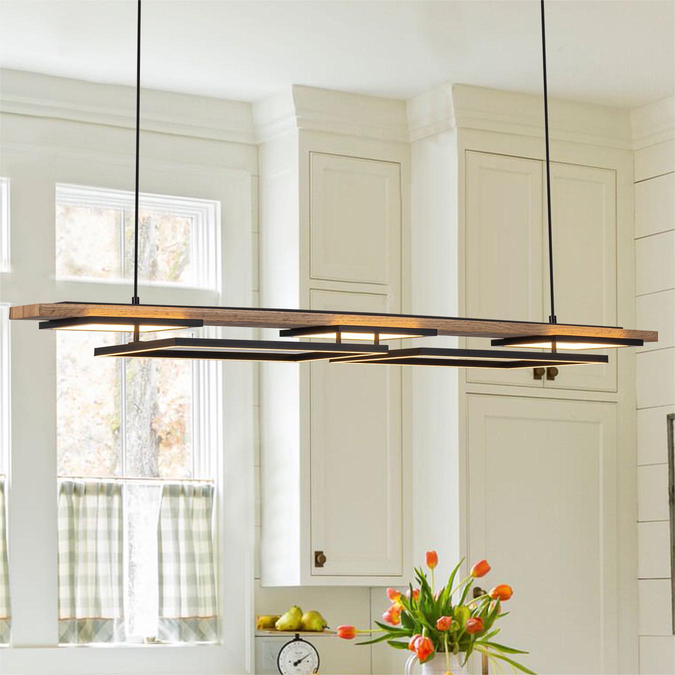 Glowlings 5-Light 49“Wide Wooden 2-Tier Rectangle LED Linear Pendant L