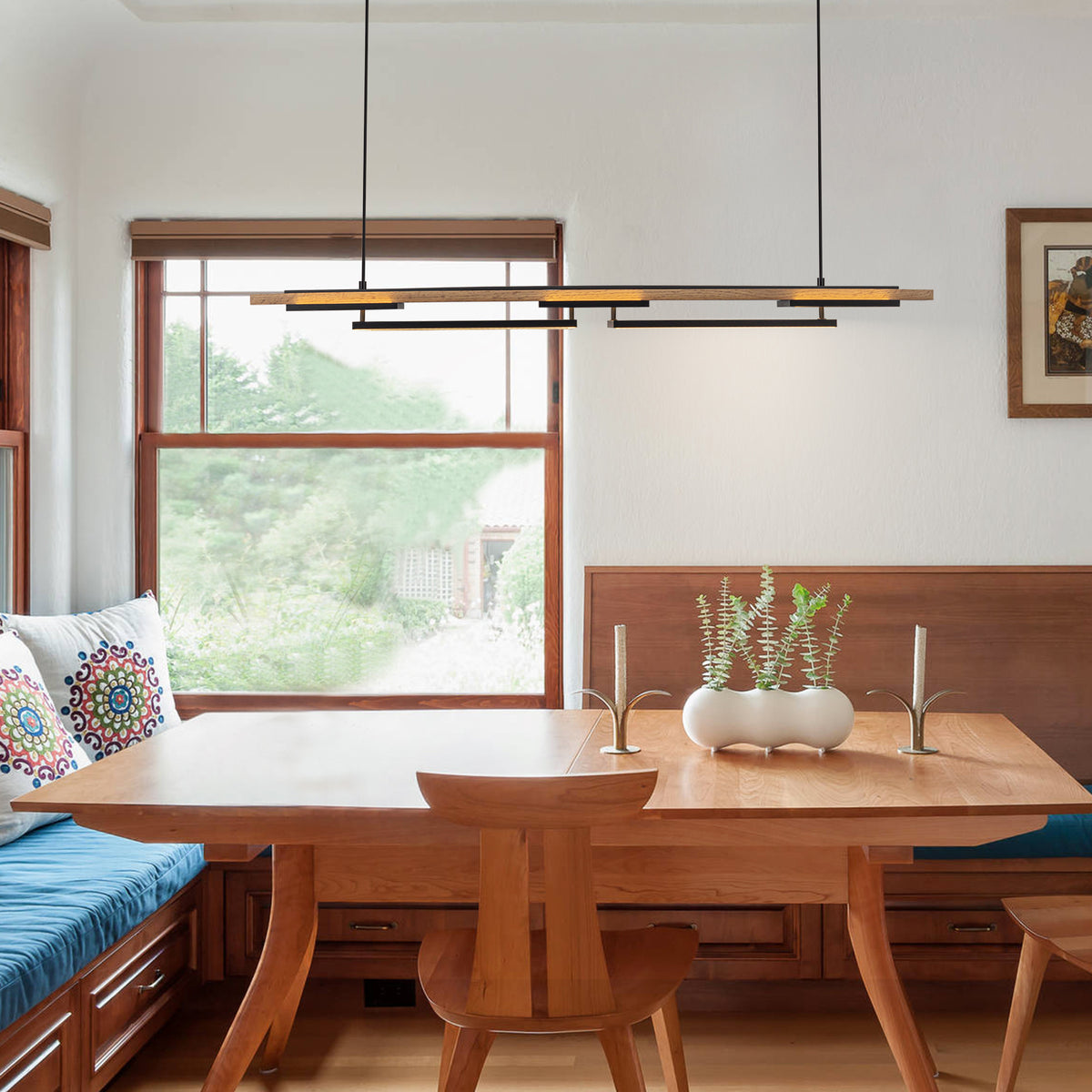 Glowlings 5-Light 49“Wide Wooden 2-Tier Rectangle LED Linear Pendant L