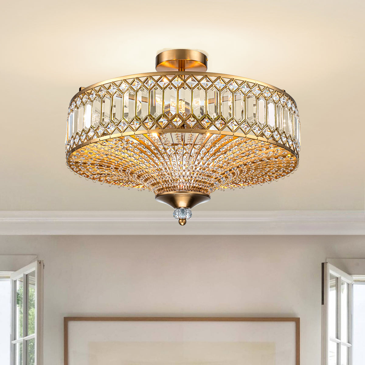 Glowlings 6-Light Modern 20"Wide Drum Gold Crystal Semi Flush Mount